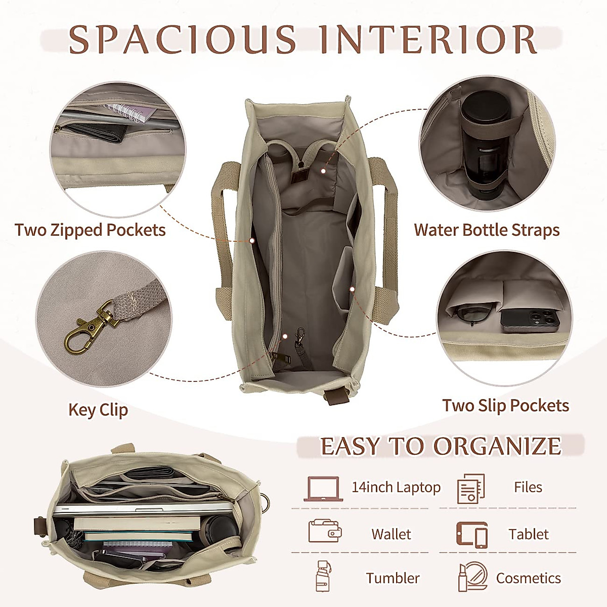 VASCHY Canvas tote bag, Casual Reusable Work Totes for Women Teachers with Zippers Pockets Crossbody Shoulder Bag Purse Apricot