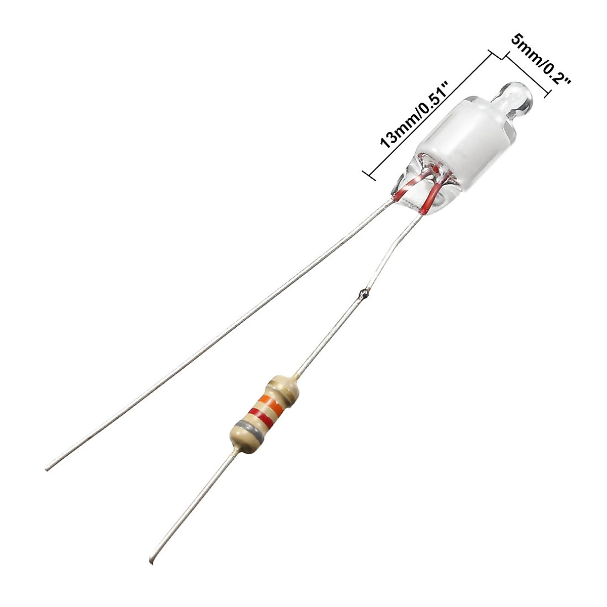 uxcell 50Pcs F5 5x13mm Bright Green Light Neon Light Bulb Indicator Lamp W 82K Resistor 2 Pin Clear Halogen Light Bulb for Closet Landscape Lighting