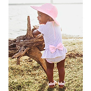 RuffleButts Infant/Toddler Girls Peplum Skirt One Piece Rash Guard Swimsuit - Lilac Seersucker - 12-18m