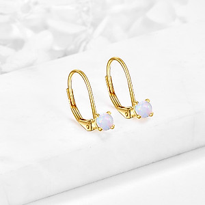 14k Solid Gold Leverback Earrings for Women Opal Jewelry Birthday Gifts for Her (4mm)