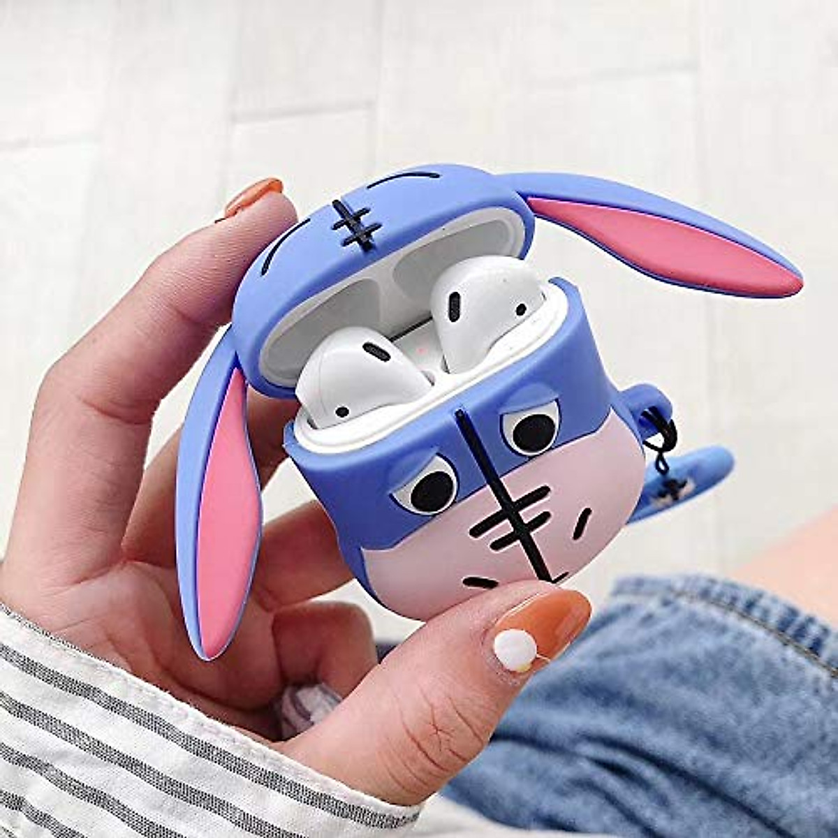 Ultra Thick Soft Silicone Case with Finger Strap for Apple Airpods 1 2 1st 2nd Blue Donkey Eeyore Winnie the Pooh Disney Disneyland Cartoon 3D Cute Lovely Hot Kids Girls Teens Daughter