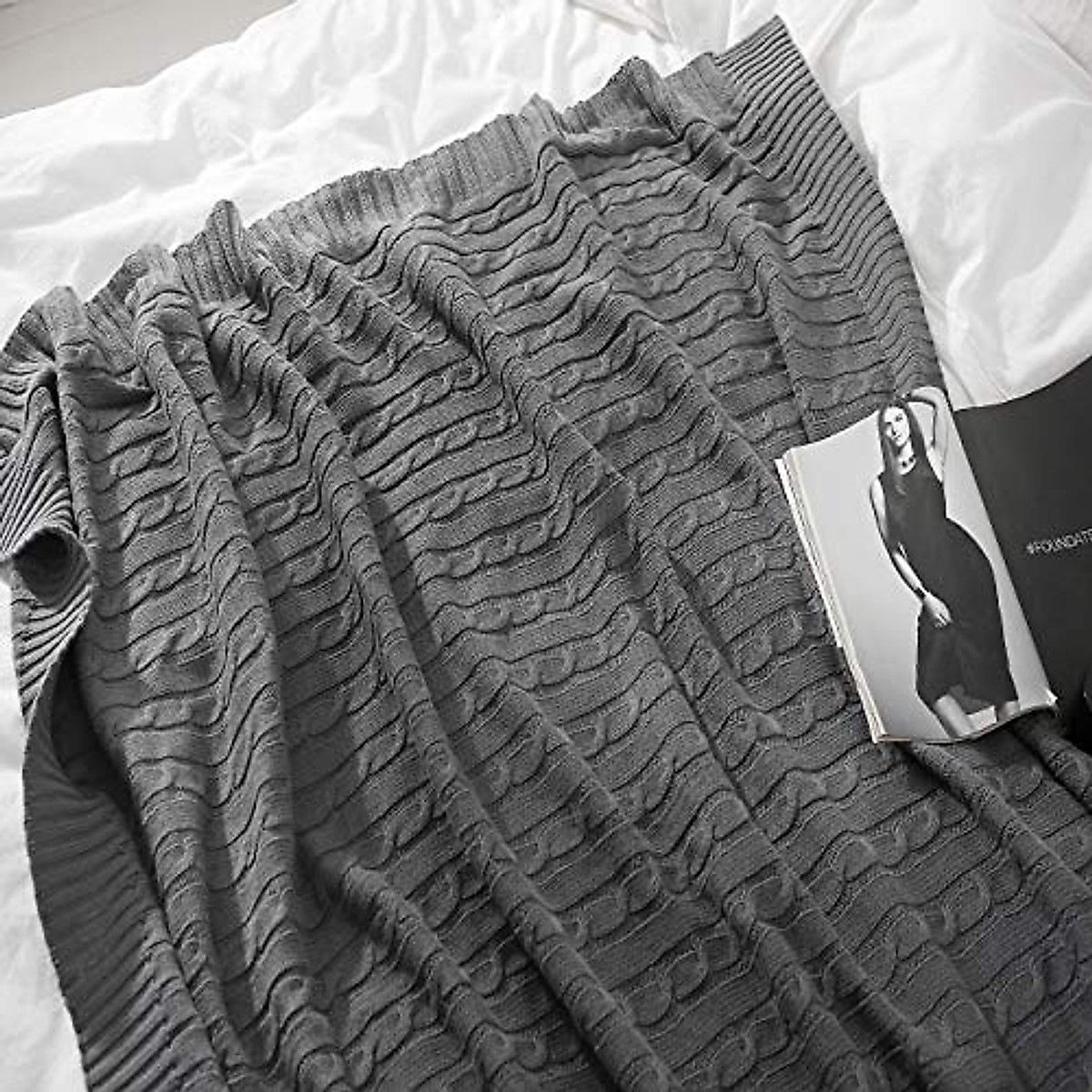 TREELY 100% Cotton Cable Knit Throw Blanket Super Soft Warm for Chair Couch Bed(Gray,50" x 60")