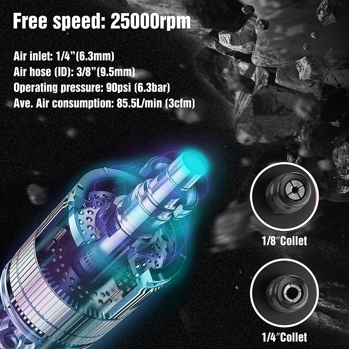 WORKPRO 1/4-Inch Pneumatic Straight Die Grinder, 25000RPM, Air-Powered Die Grinder for Grinding, Cutting, Polishing, Welding Repair, Deburring, 1/4" & 1/8" Collets Included