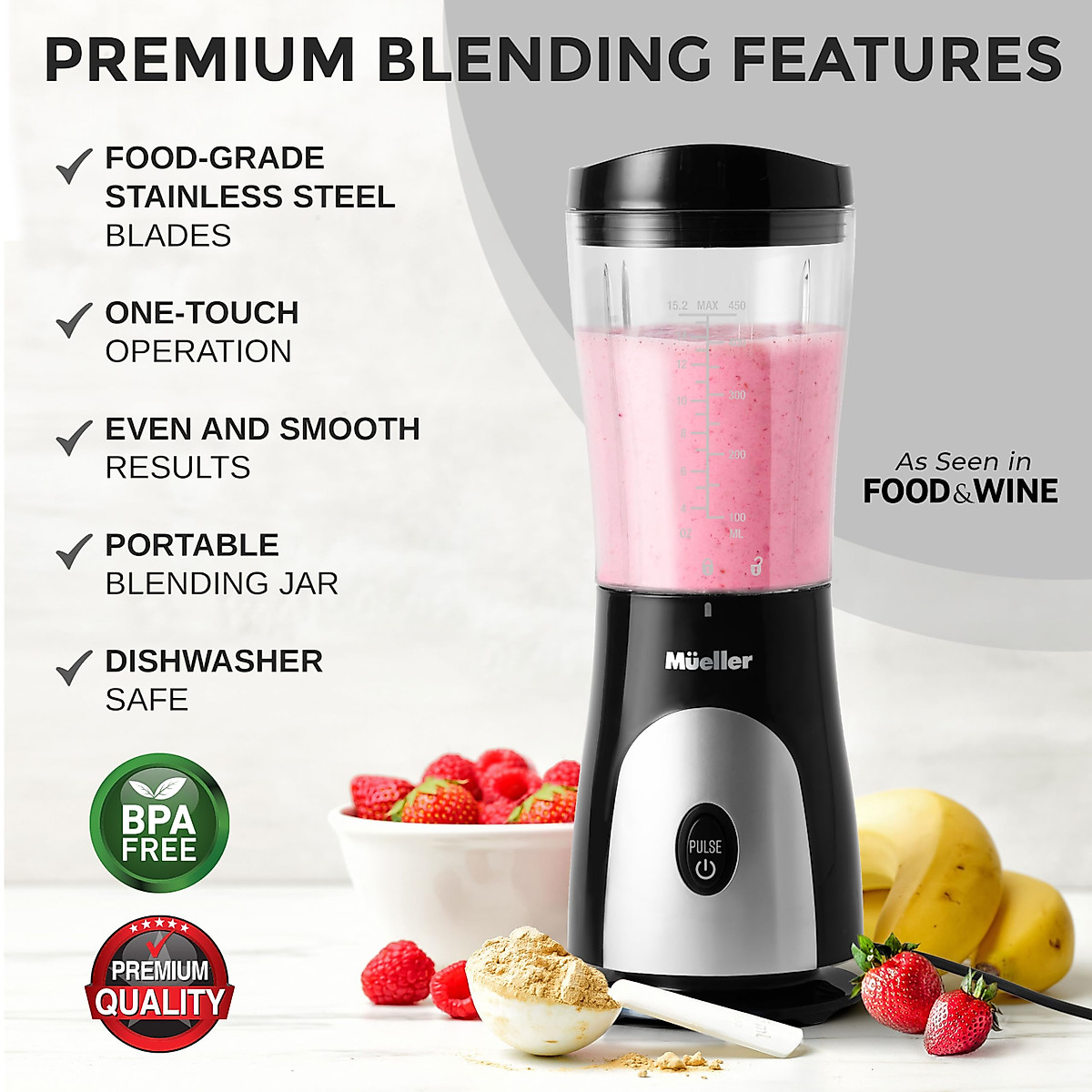 Mueller Personal Blender for Shakes and Smoothies with 15 Oz Travel Cup and Lid, Juices, Baby Food, Heavy-Duty Portable Blender & Food Processor, Black
