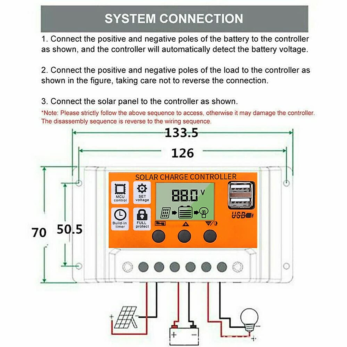 100A Solar Charge Controller, Solar Panel Battery Intelligent Regulator with Dual USB Port 12V/24V, Multi-Function Adjustable LCD Display Street Light Controller (Orange)