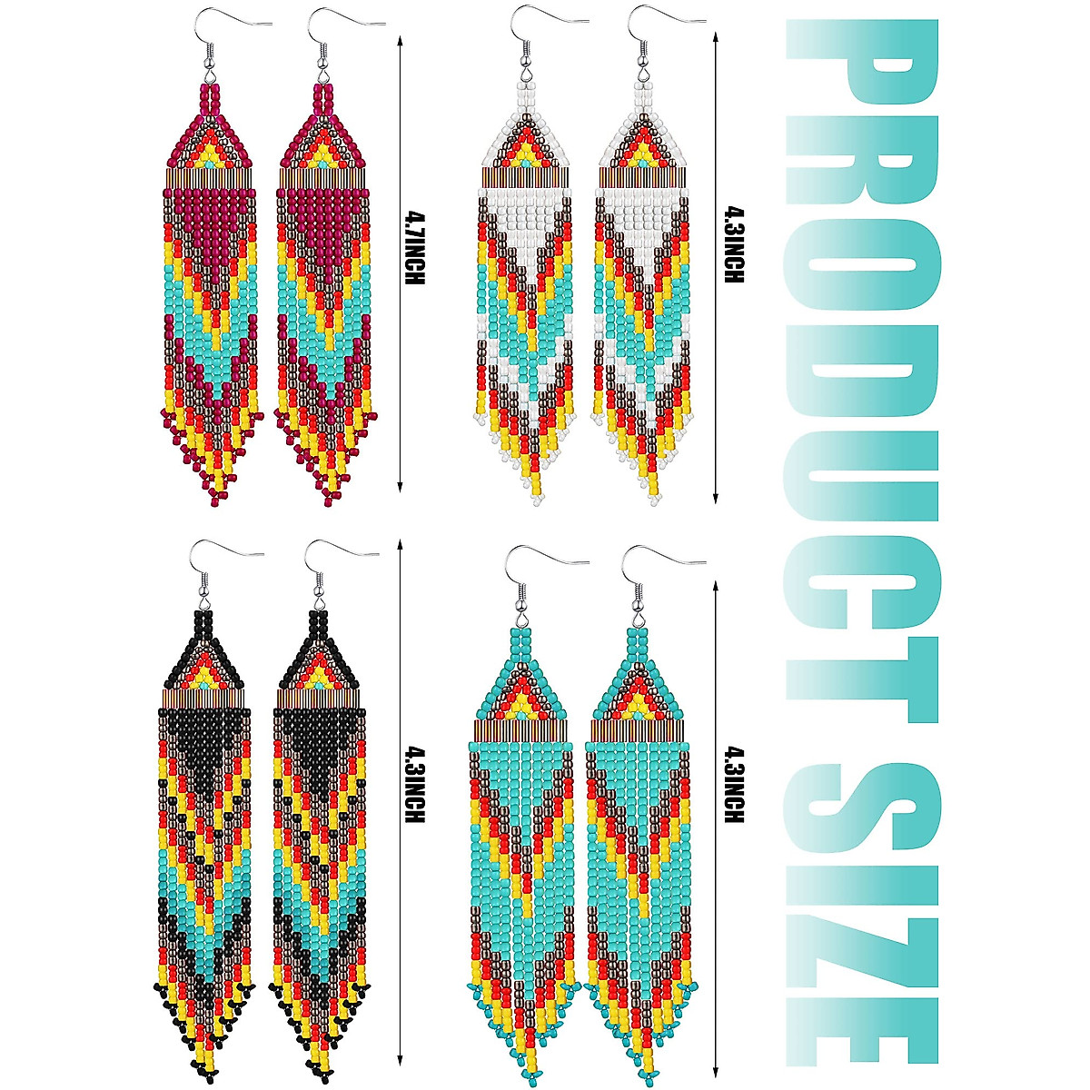 BBTO 4 Pcs Long Beaded Tassel Earrings Bohemia Colorful Native Handmade Statement Fringe Drop Earrings Boho Dangle Tassel Earrings for Women(Exotic)