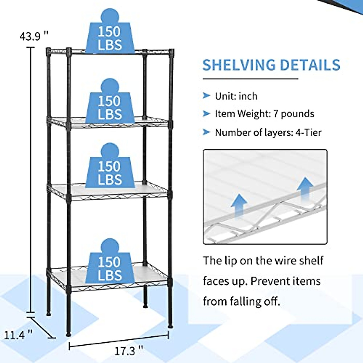 YYkokocat 4-Tier Wire Shelving Unit 44" H x 18L x 12D Metal Shelves for Storage with Shelf Liners Adjustable Small Storage Rack Shelf Organizer for Closet Pantry Kitchen, 600Lb Capacity, Black