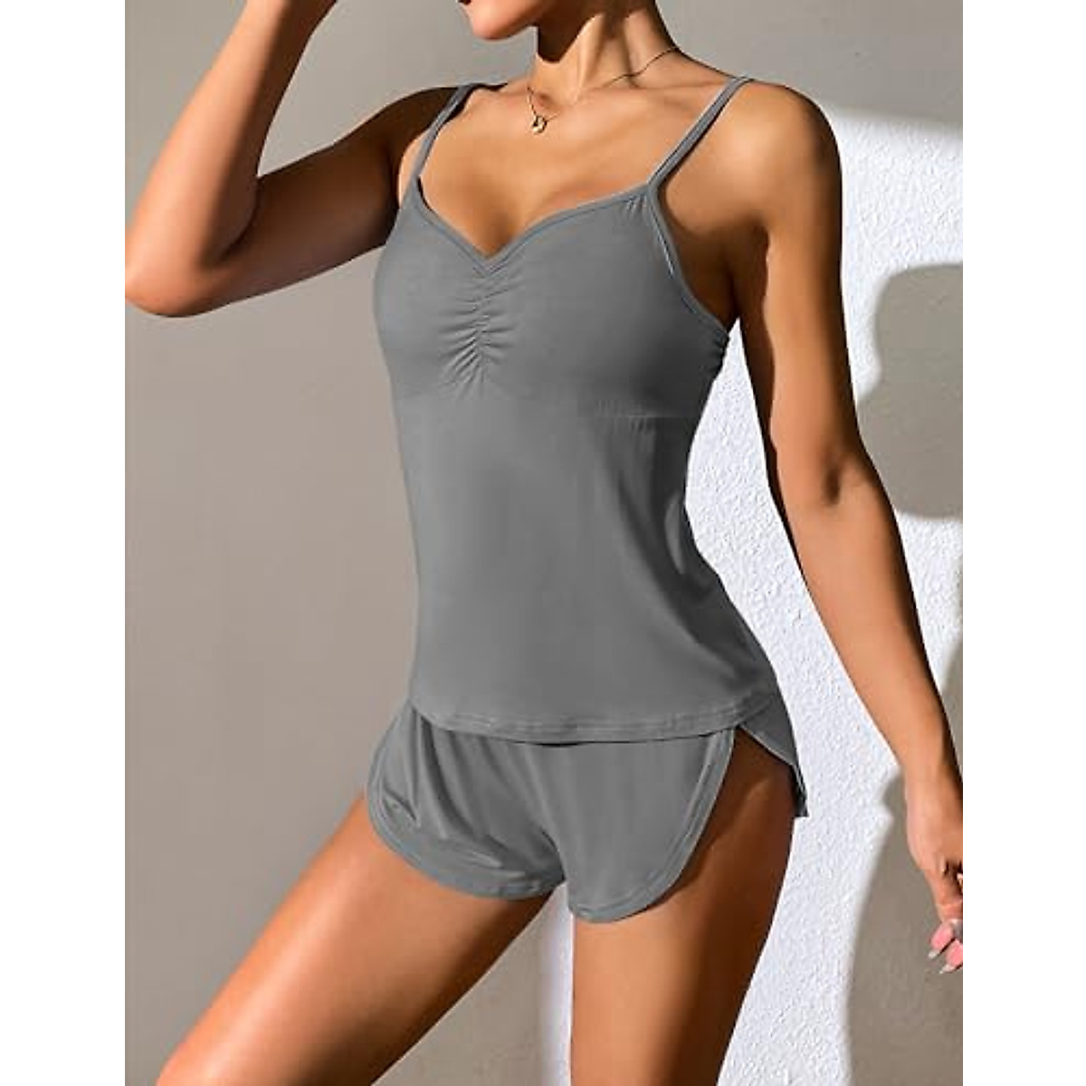 Ekouaer Women Pajamas Set Cami Sleepwear Lingerie V Neck Soft PJS Set with Shorts Grey, Medium