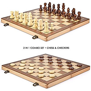 AMEROUS 15 Inches Wooden Chess & Checkers Set with Upgraded Weighted Chess Pieces - 2 Extra Queen -24 Cherkers Pieces -Instruction -Chessmen Storage Slots, Classic 2 in 1 Board Games
