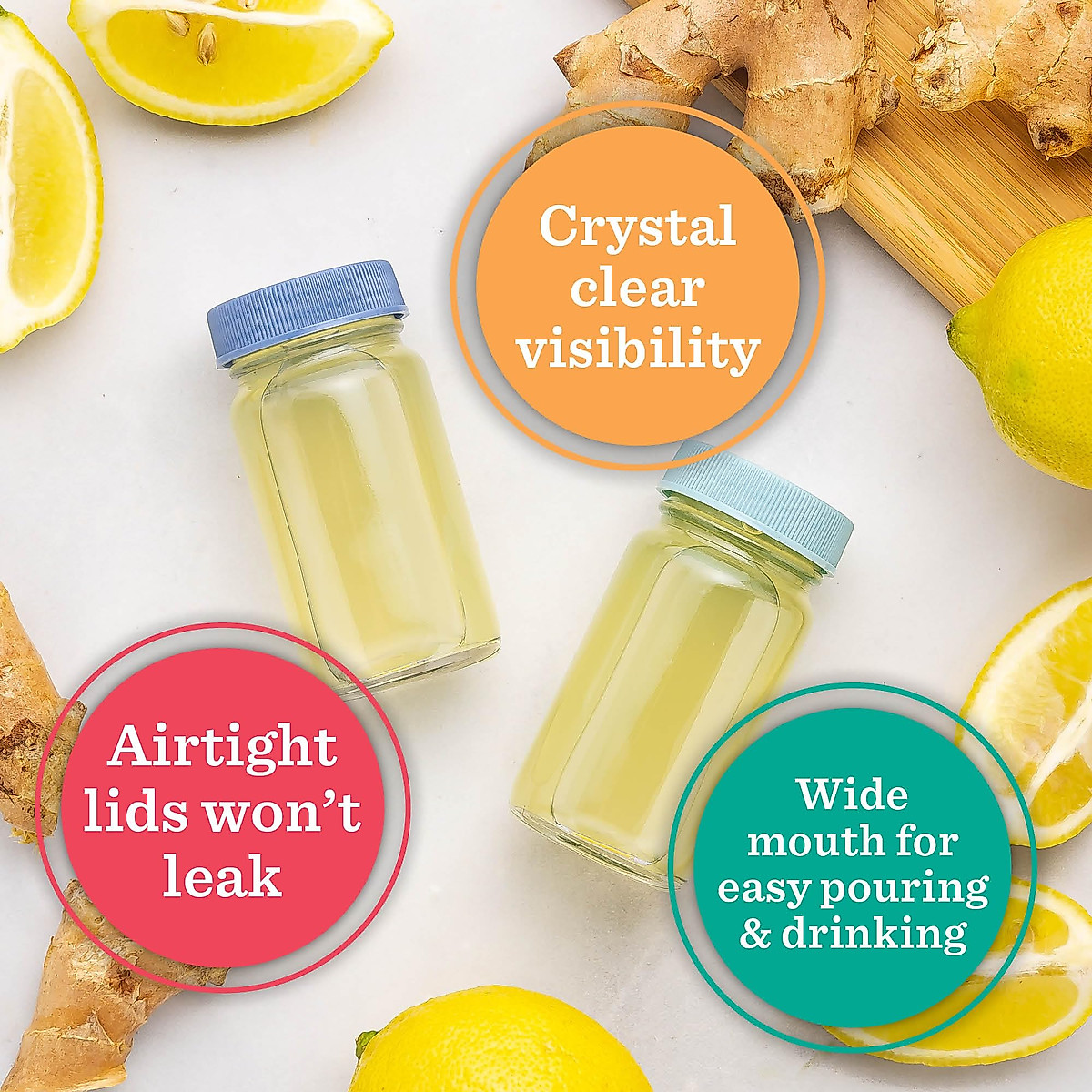 Juice Shot Containers, Glass, Clear, 2oz, Colored Lids & Silicone Grip Bands, Beverage Storage, Juicing, Ginger & Turmeric Bottles