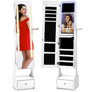 Best Choice Products Standing Full Length LED Mirror Jewelry Makeup Storage Organizer Cabinet Armoire w/Lights, Touchscreen, Pop-Up Shelf, Velvet Lining, 4 Compartments, Drawer - White