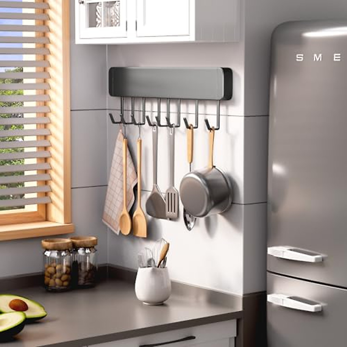 Galetcy Kitchen Utensil Hanger - 1 Pcs Wall Mounted Hooks, No Drilling Removable and Adjustable Hooks Kitchen Rail with 8 Hooks for Hanging Cooking Utensils, Mugs, Spoons