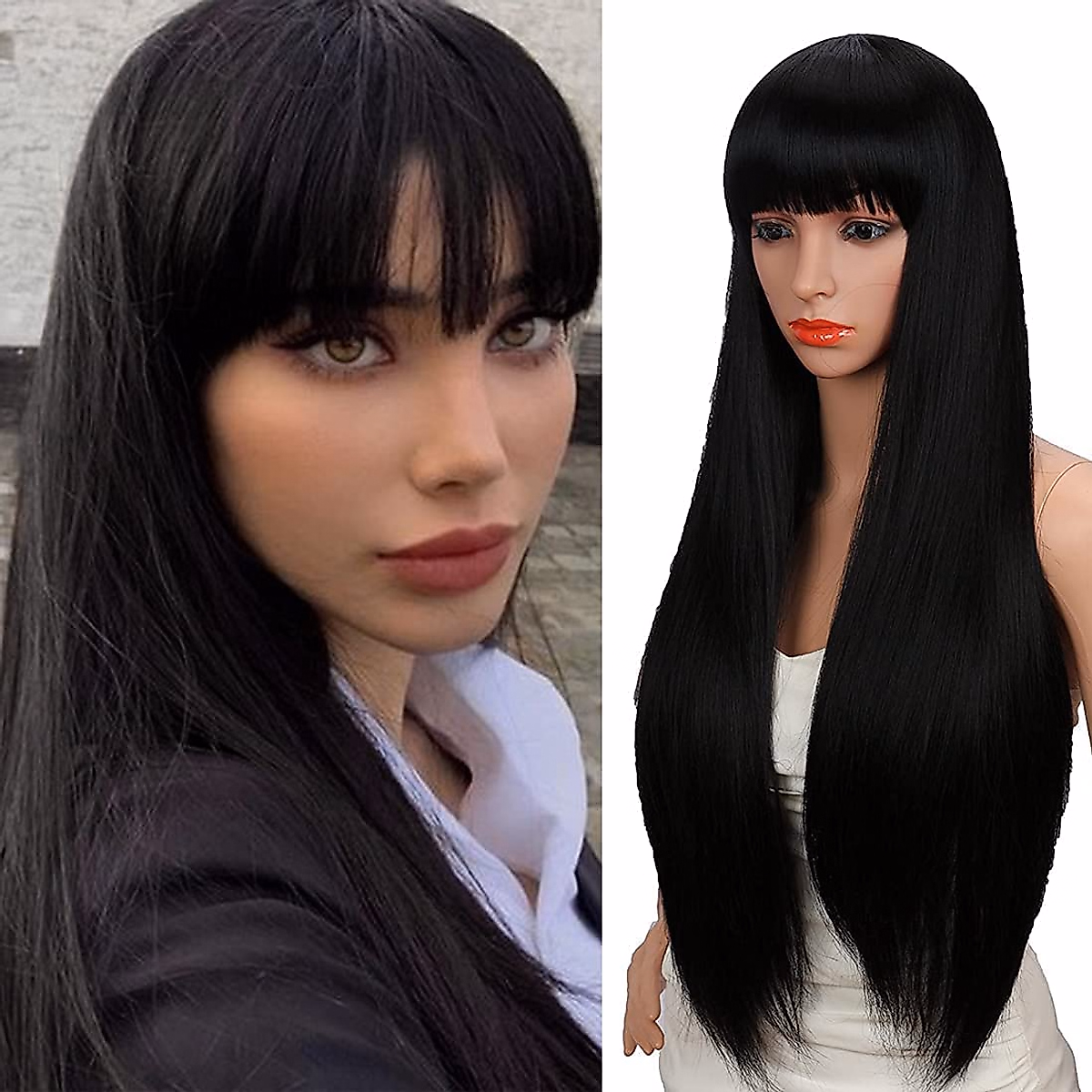 Kalyss 28 Inches Women's Silky Long Straight Black Wig Heat Resistant Synthetic Wig With Bangs Hair Wig for Women