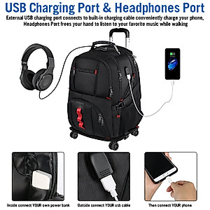 Rolling Backpack with Wheels, Backpack on Wheels for Men Women Adults, 17 inch Wheeled Roller Computer Rucksack for Travel Business College School, Gifts for Men Women Boyfriend Girlfriend, Black