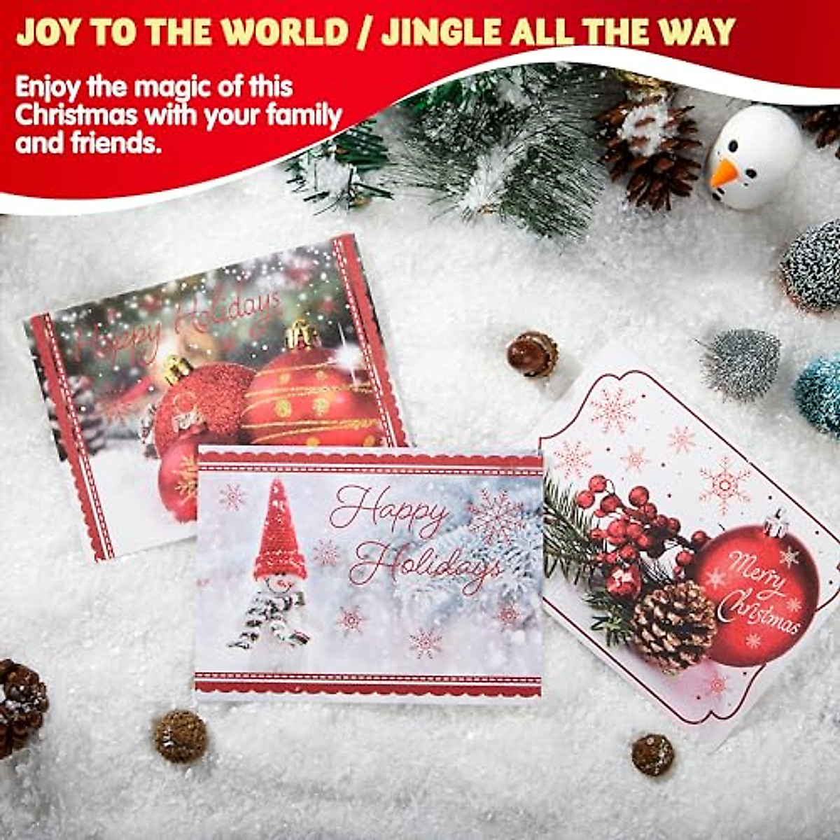 JOYIN 72 Piece Holiday Christmas Greeting Cards with 6 Artistic Greeting Designs & Envelopes 6.25” x 4.6" for Winter Christmas Season, present Giving, Xmas Gifts Cards. (Red Foil Collection)