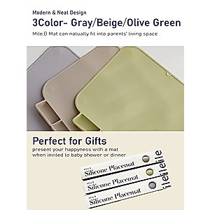 Mile:B Baby Toddler Placemat,Non Slip with 4 Suction Cups,Non Tilting Food Catcher with 2 Guards,16x14in,A Hanging Loop for Easy Drying(Gray)