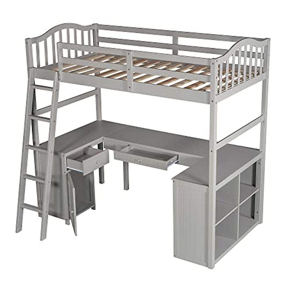 MegaChunk Twin Size Loft Bed with Drawers, Cabinet, Shelves and Desk, Wooden Loft Bed with Desk - Gray