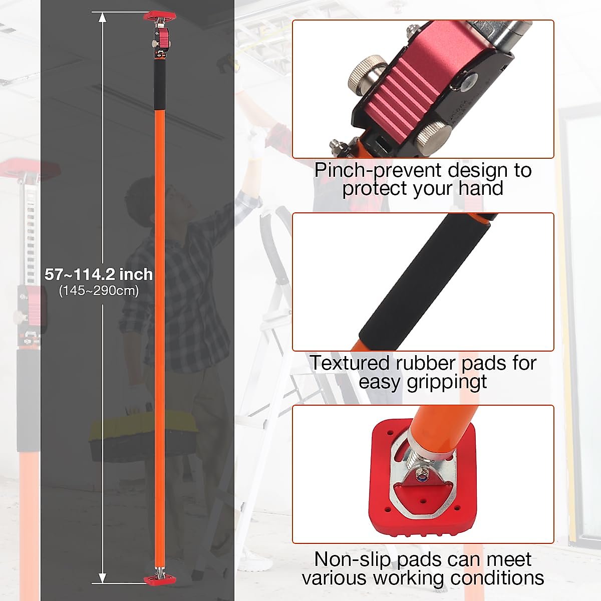 Cabinet Adjustable Support Pole, Upper Hand Work Support for Cabinet Jacks 3rd Hand Support System with Adjustable Length Non-Slip Pads and Telescopic Pole，Extends from 57" to 114", 2 Pack