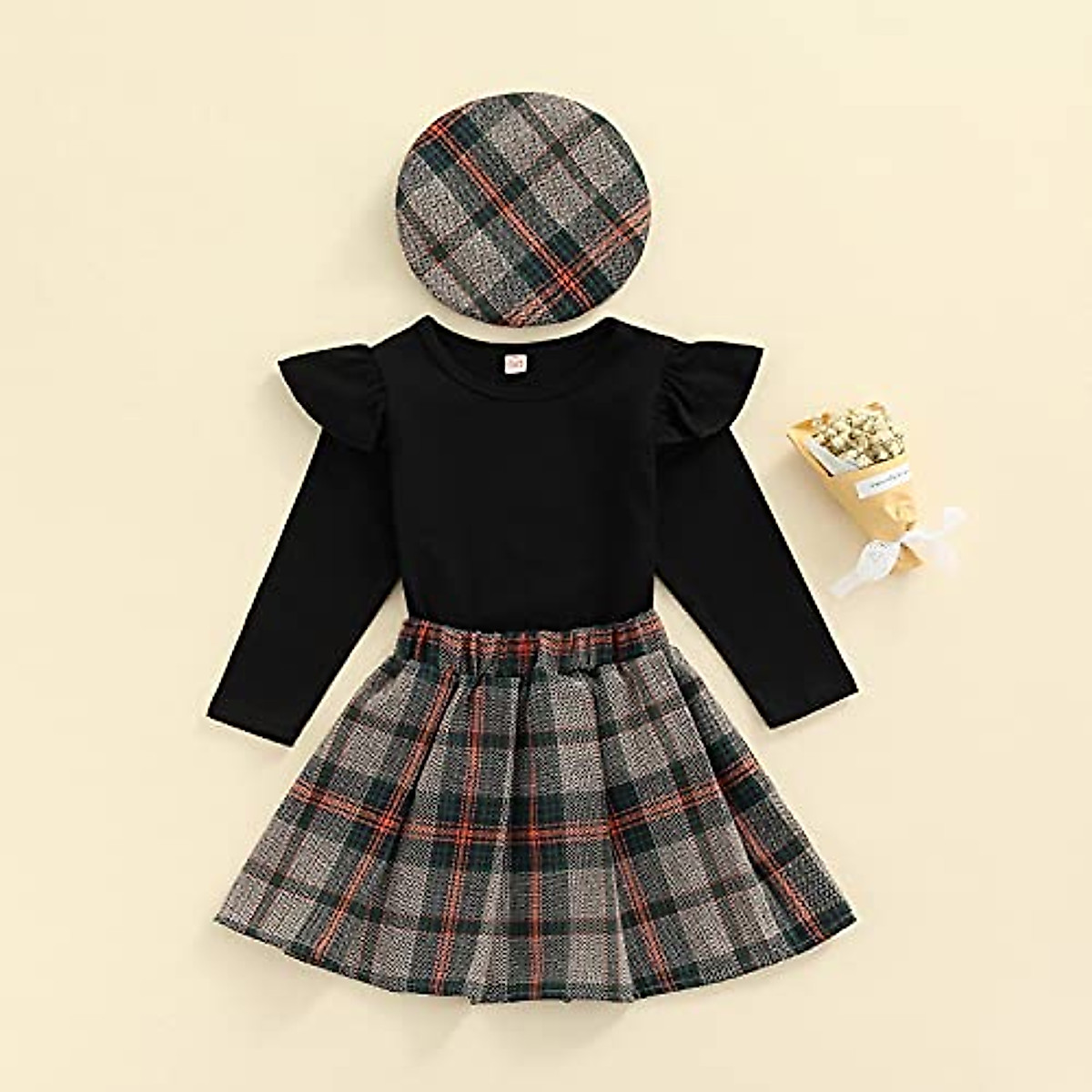 WYOUKID 1-6T Toddler Baby Girls Autumn Outfit Long Sleeve Shirt Tops+Plaid A-Line Skirt+Hat 3Pcs Spring Winter Clothing (Black, 4-5T), WYOUKID-Baby-20