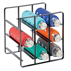 mDesign Metal Farmhouse Free-Standing Water Bottle and Wine Rack Storage Organizer for Kitchen Countertops, Pantry, Fridge - 3 Tiers, Holds 9 Bottles - Black