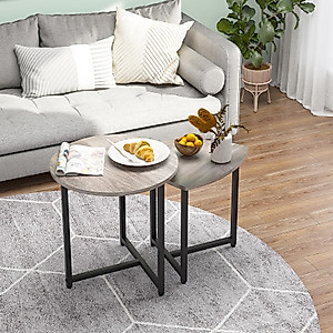 Wolawu Nesting Table Small Round Coffee Table,Set of 2 End Tables,Minimalist Side Table for Living Room Bedroom,Stacking Sofa Side Tables with Solid Metal Frame for Small Space,Oak