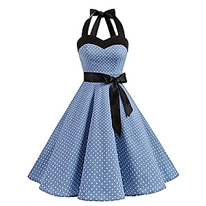 DRESSTELLS Women Vintage 1950s Cocktail Polka Dot Dress, 50s 60s Retro Pinup Formal Wedding Party Halter Rockabilly Swing Dress Blue Small White Dot S