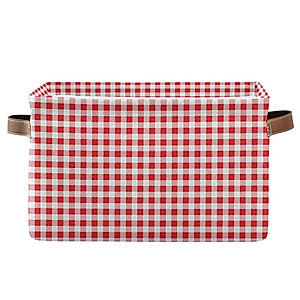 Kigai Red White Buffalo Plaid Storage Basket with Handles Collapsible Storage Bins Canvas Fabric Storage Organizer for Shelves Closet Bedroom Living Room 1Pack