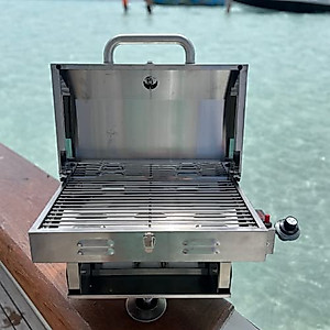 Boat Grill with Mount - Portable Propane Gas BBQ - Grills Secure into Rod Holder | Adjustable Legs for Table Top Use | Stainless Steel Marine Stove -Great Outdoor Barbecue