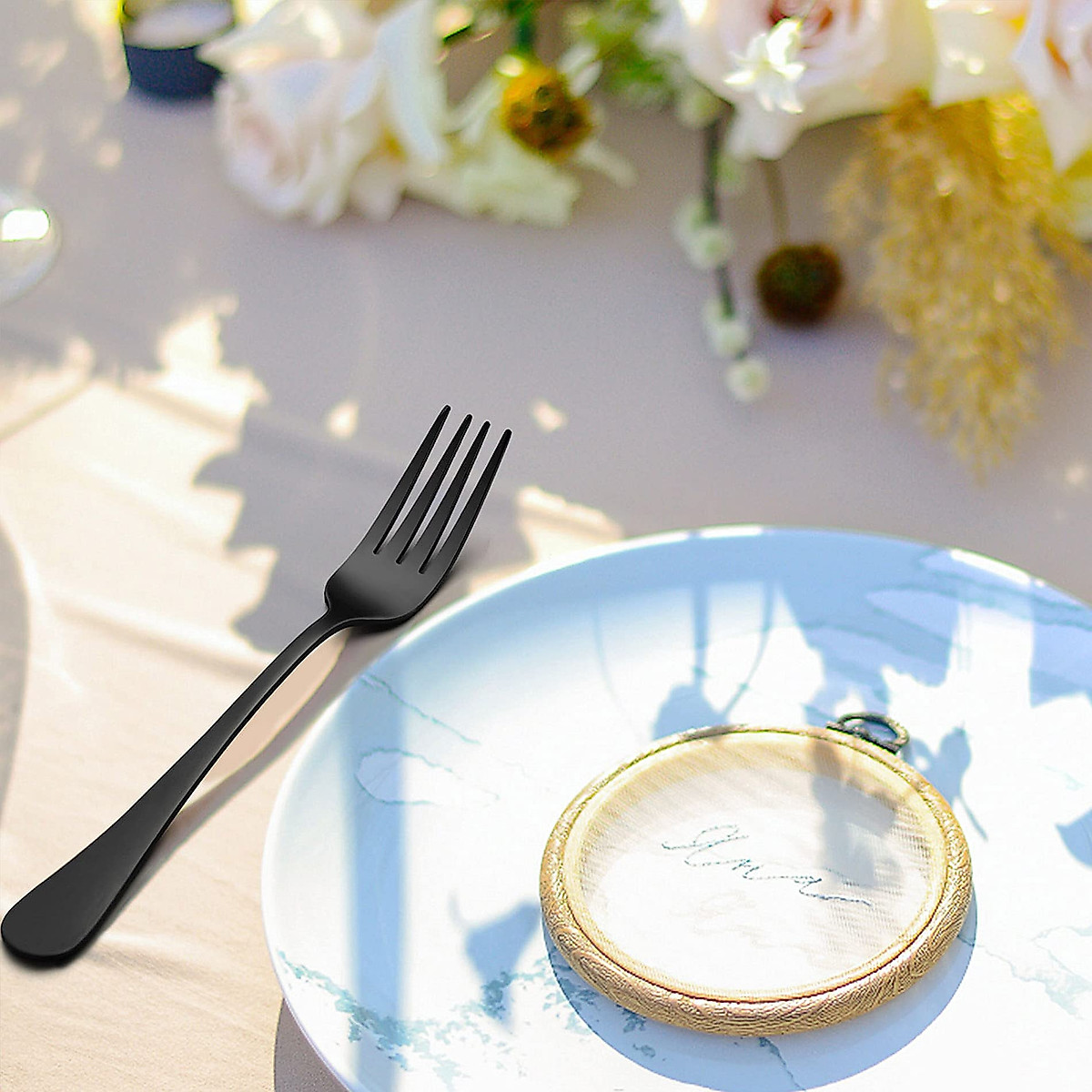 LIANYU Black Salad Forks Set of 12, Stainless Steel Silverware Flatware Forks, Appetizer Dessert Forks for Home Restaurant Wedding Party, Mirror Finish, Dishwasher Safe