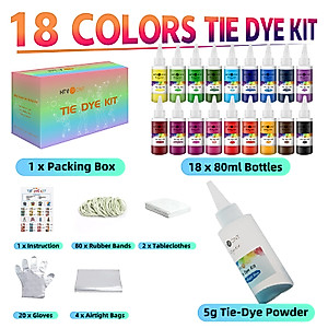 HTVRONT Tie Dye Kit for Kids and Adults - 18 Colors 80ML Pre-Filled Bottles Permanent Non-Toxic Tye Dye Kits for Clothing T-Shirt Fabric Textile Craft Party Handmade Project(Just Add Water)