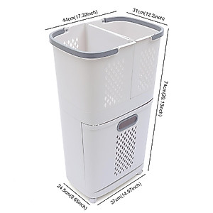 2 Tier Plastic Laundry Basket With Wheels,Movable Household Laundry Basket，Bathroom Clothes Storage Basket Cart,Floor-Standing Hand-Held Laundry Basket for Home,White