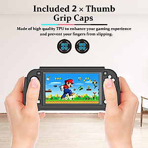 Protective Case for Nintendo Switch Lite, Full Protection Switch Lite Cover, TPU Shock-Absorption and Anti-Scratch for Nintendo Switch with Bult-in Screen Protector & Thumb Grip Caps, Black