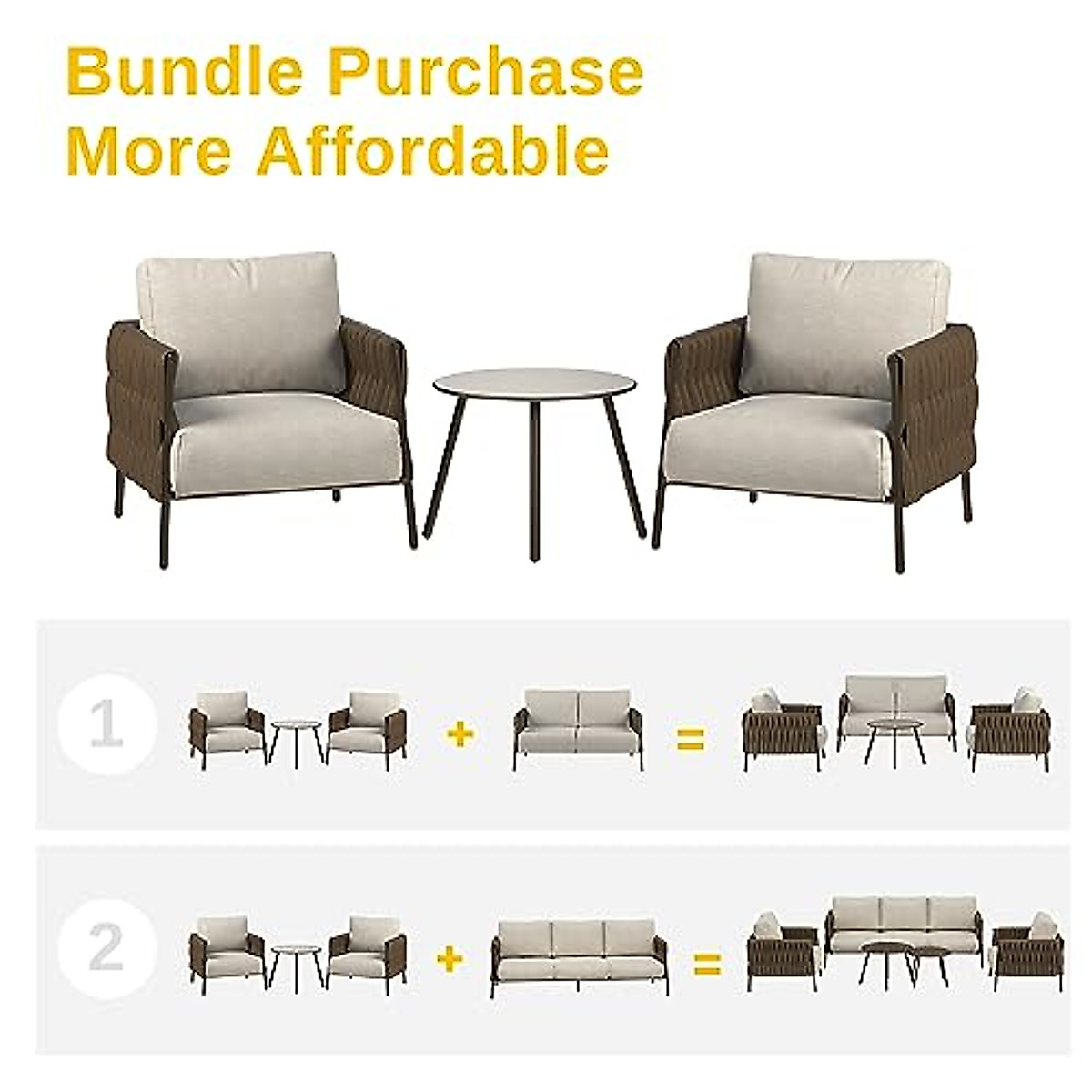 EAST OAK 3 Pieces Patio Furniture Set, Armchairs with Coffee Table, Outdoor Furniture with Thick Cushion, Modern Furniture Deep Seating for Garden Porch, Chestnut Brown & Creamy Apricot