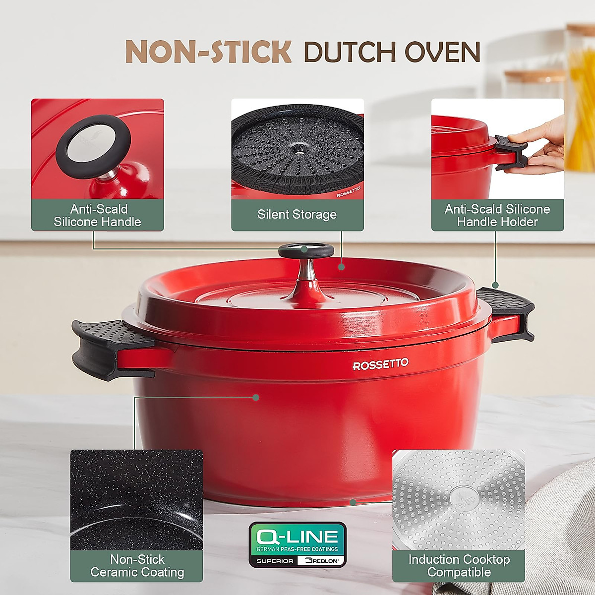 ROSSETTO 6QT Dutch Oven Pot with Lid, Ceramic Dutch Oven with Silicone Assist Handle Holder, Dishwasher Safe, Oven Safe, Non-Stick & Non-Toxic Bread Dutch Oven for Baking, Brasing, Soups, Red
