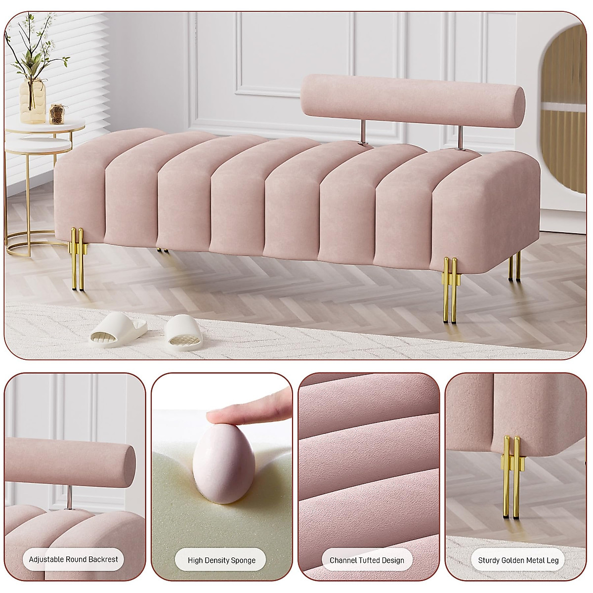 Nolohoo Small Loveseat Sofa Couch, 52.2" Modern Velvet Mini Couch for Bedroom with Golden Legs, Upholstered Settee Bench with Adjustable Back for Living Room Office Compact Small Space, Pink