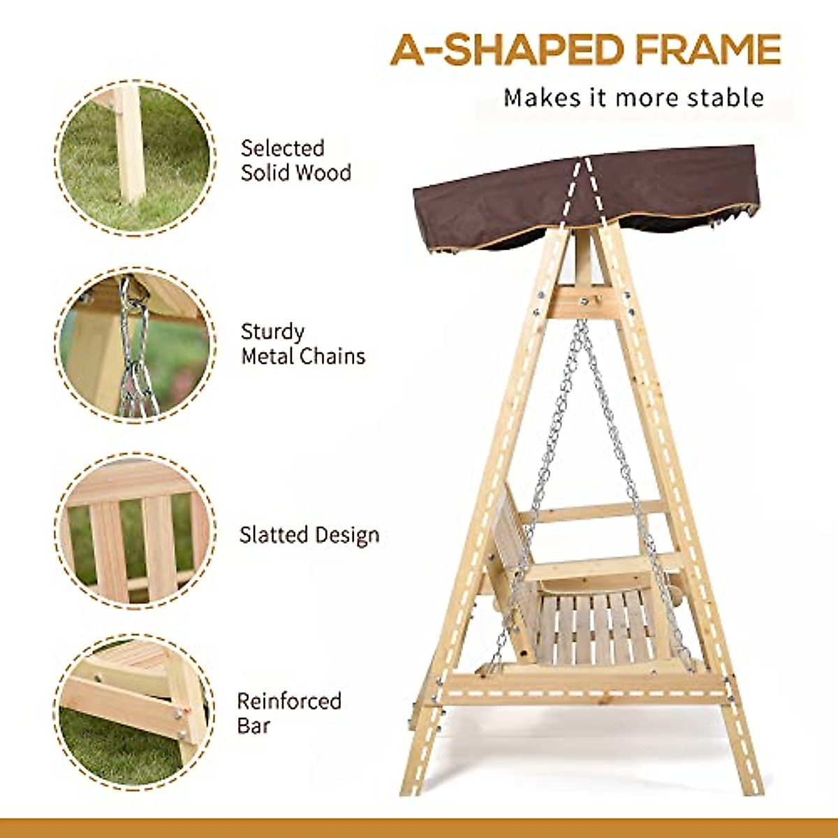 Outsunny Wooden Porch Swing Bench, 2-Seater Outdoor Swing Glider with Adjustable Canopy, Adjustable Hanging Chains, A-Frame, for Garden, Poolside, Backyard, Brown