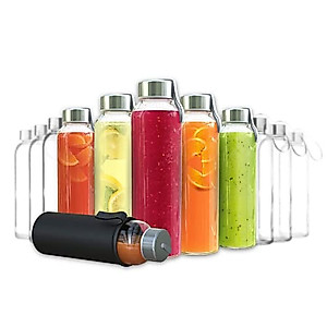 Chef's Star 18 Oz Clear Glass Water Bottles, Reusable Glass Juicing Bottles with Protection Sleeve and Stainless Steel Leak Proof Lids, Set of 12