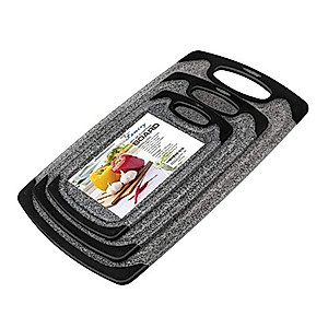 Famiry Reversible Cutting Board Set of 3, Plastic Chopping Board for Kitchen, Non-Slip Design with Easy Grip Handle, Juice Grooves, BPA Free, Dishwasher Safe (3-Piece, Black)