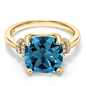 Gem Stone King 18K Yellow Gold Plated Silver London Blue Topaz Ring For Women (5.49 Cttw, Cushion 10MM, Gemstone Birthstone, Available In Size 5, 6, 7, 8, 9)