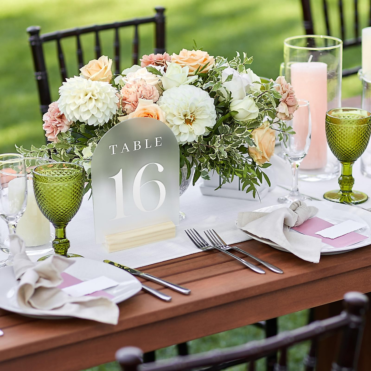JINMURY Frosted Arch Wedding Table Numbers 1-15 with Wood Stands, 5x7" Frosted Acrylic Arch Signs and Wooden Base, Acrylic Table Numbers for Wedding (Frosted Table Numbers 1-15, 5"x7")