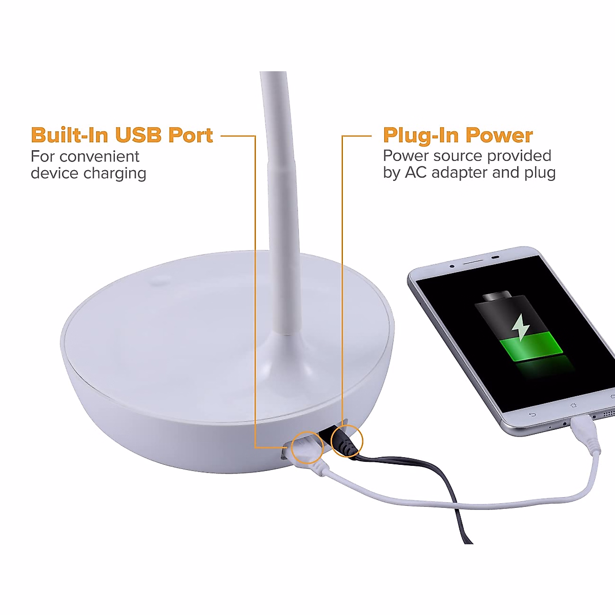 Bostitch Office LED Gooseneck Desk Lamp with USB Charging Port, 3 Dimming Levels, Touch Control, White (VLED1502-WHITE)