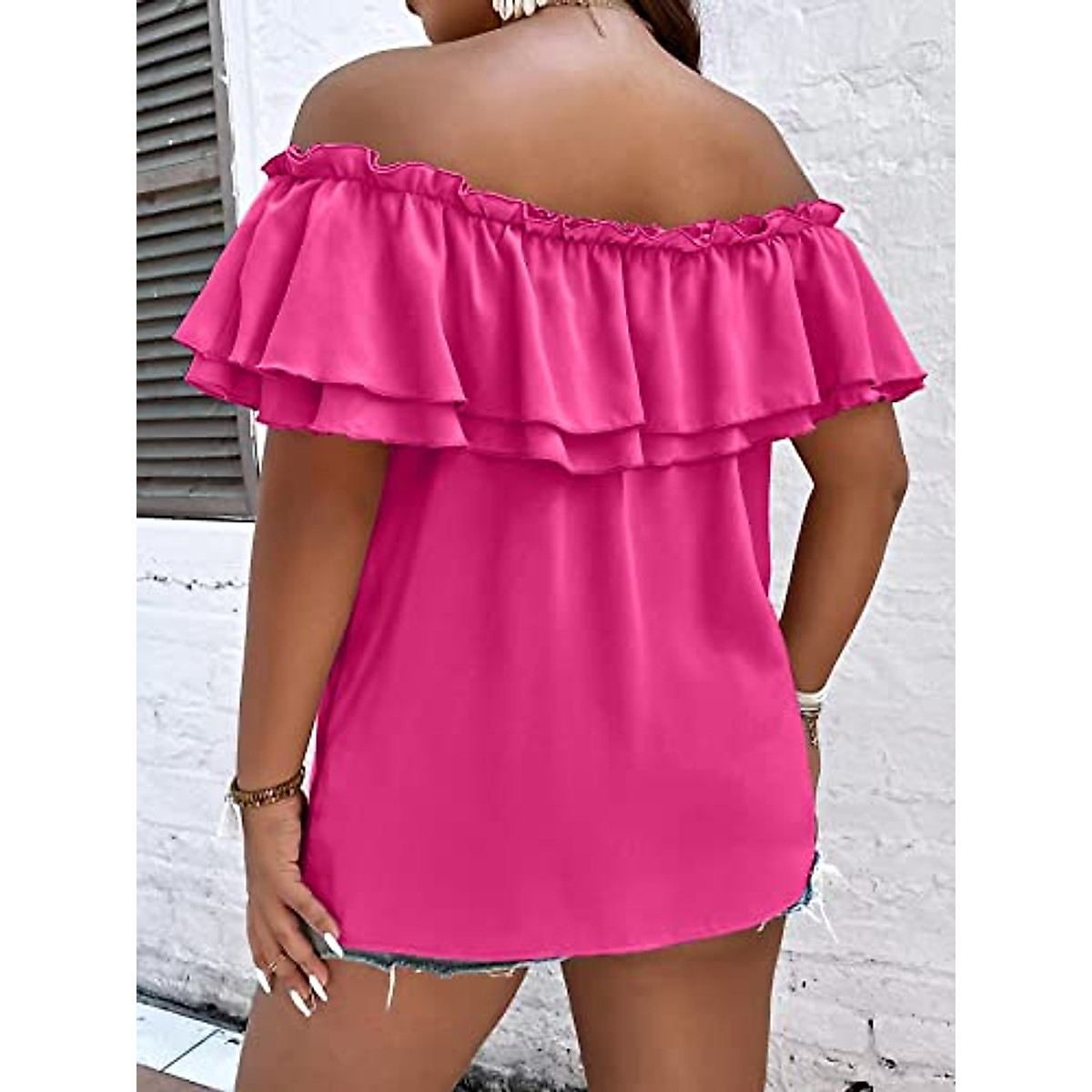 MakeMeChic Women's Plus Size Off Shoulder Tie Front Layered Ruffle Short Sleeve Blouse Top Hot Pink 2XL