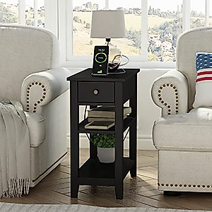 ChooChoo Narrow End Table with Charging Station, Side Table Living Room with USB Ports & Power Outlets and Hidden Drawer, 3-Tier Skinny Nightstand with 2 Open Storage Shelves for Small Place (Black)
