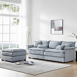 DEINPPA Sectional Sofa with Bentwood Armrests, Modern Deep Seat Sofa Couch with Ottoman, Tech Cloth Upholstered Sleeper Sofa, Comfy Furniture for Living Room, Apartment, Studio, Office-Blue