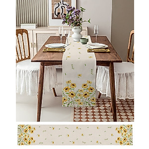 Spring Floral Table Runner 72 Inches Long Farmhouse Dress Scarves, Yellow Daisy Summer Botanical Rustic Linen Texture Dining Tablerunner for Coffee Table/Party/Kitchen Island Décor, 13" x 72"