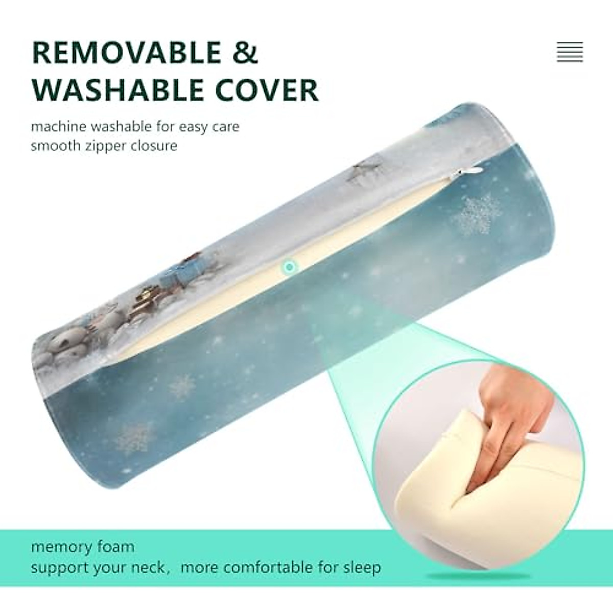 xigua Christmas Snowman Neck Roll Pillow for Neck Relief with Removable Washable Cover - Memory Foam Round Cylinder Bolster, Ergonomically Designed for Head, Neck, Back, and Legs