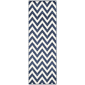 SAFAVIEH Amherst Collection 2'3" x 9' Navy / Beige AMT419P Chevron Non-Shedding Living Room Entryway Foyer Hallway Bedroom Runner Rug