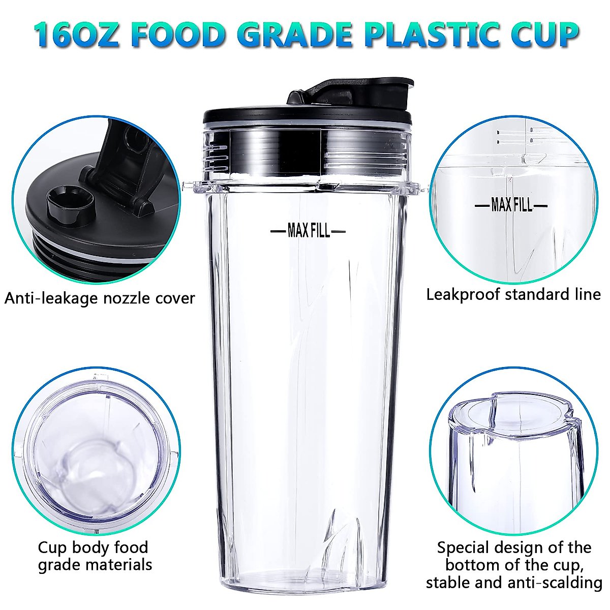 Blender Replacement Parts Compatible with Nutri Ninja, 5 Fins Extractor Blade, 2×16oz Cups with To-Go Lids, 3×Rubber Gasket Accessories for Ninja QB3000/QB3000SSW/QB3004/QB3005/QB3001