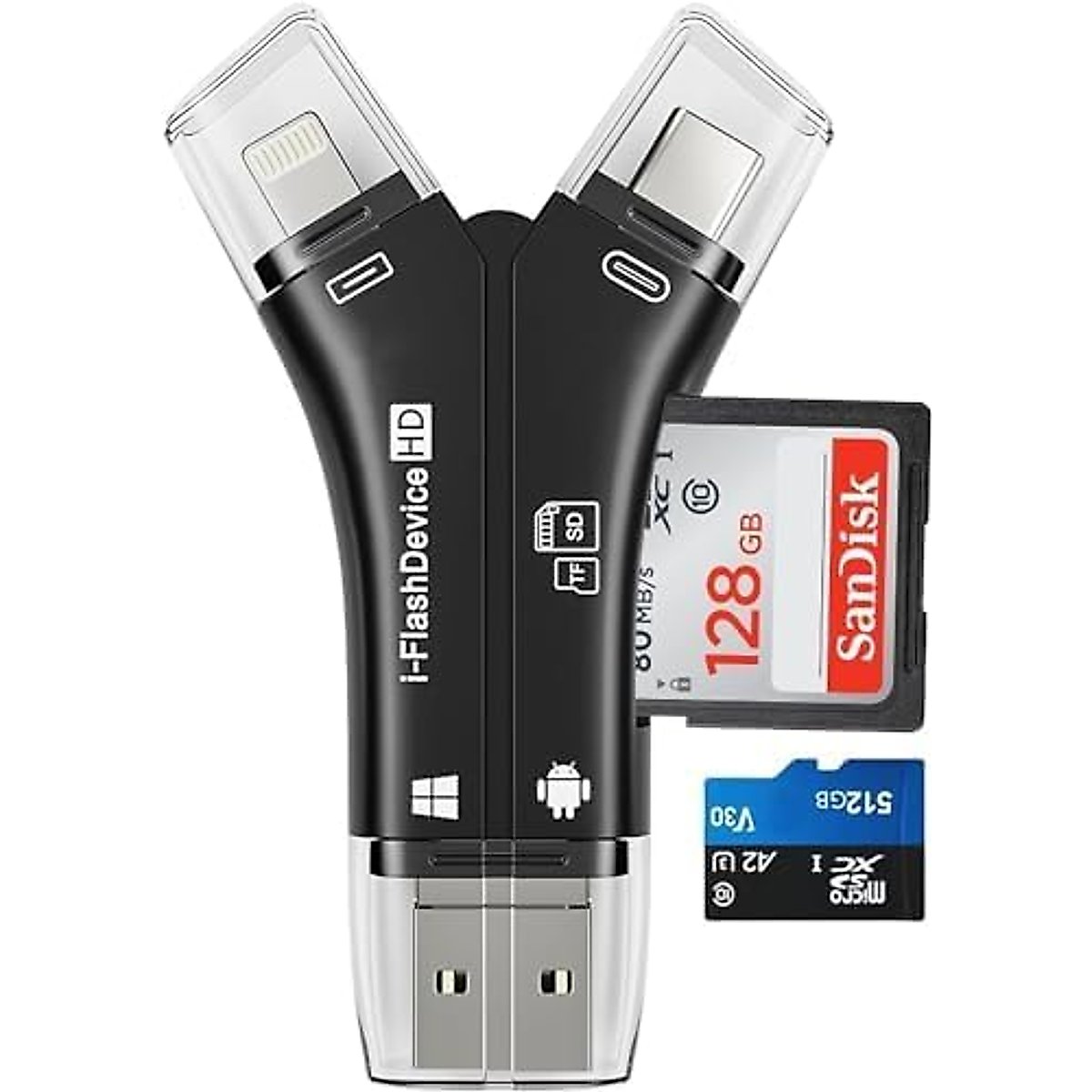 [MFi Certified] 4in1 SD Card Reader for iPhone That Reads Both SD TF Memory simultaneously,for Trail Camera/Hunting Game Camera Viewer Plays Video Photo on All Latest Apple iOS