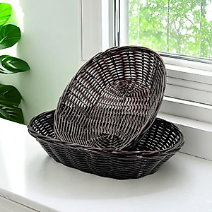Cheardia 12 Pack Plastic Oval Basket, 8.6 X 6.3 X 2.1 Inch Woven Bread Baskets for Serving Small Empty Gift Baskets, Imitation Rattan Basket for Kitchen Restaurant Centerpiece Display - Dark Brown